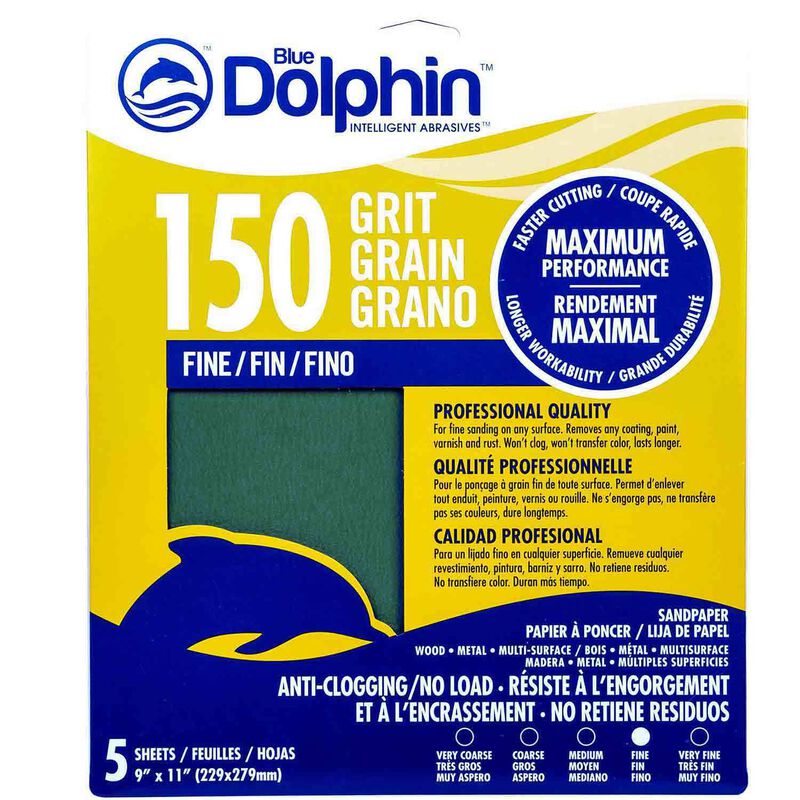 BLUE DOLPHIN Pro Grade Sandpaper Sheets, 150 Grit, 5-Pack | West Marine