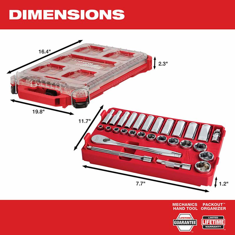 MILWAUKEE 3/8" 28 Pc Ratchet & Socket Set with PACKOUT™ Organizer ...