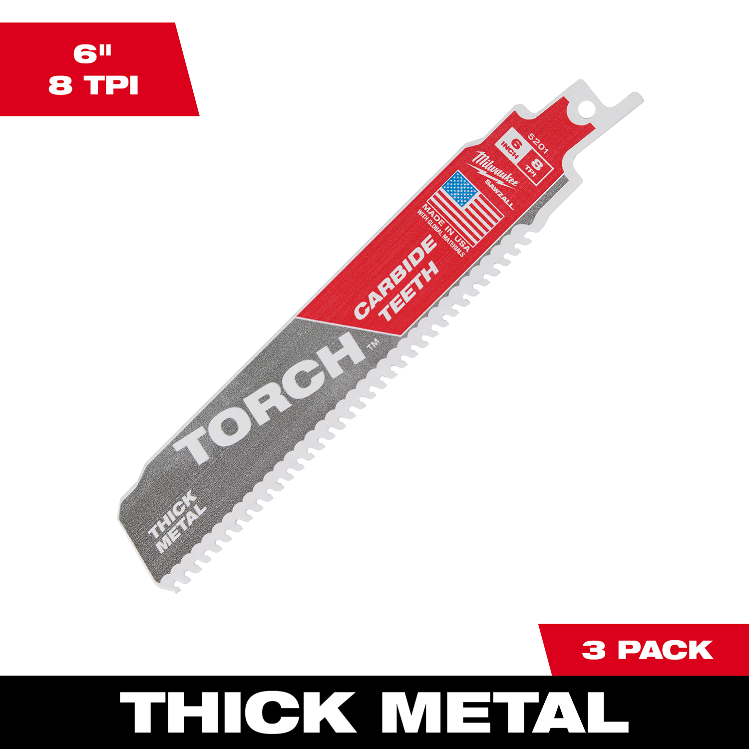 MILWAUKEE 6" 8TPI The TORCH™ with Carbide Teeth SAWZALL® Blades, 3 Pack