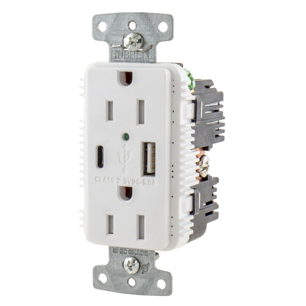 HUBBELL Hubbell Duplex Receptacle, 15A 125V, 5A 5V USB Port AC, White