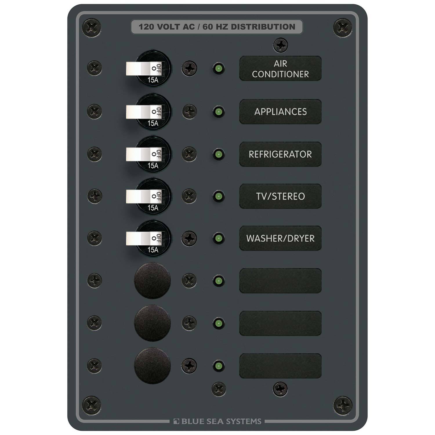 BLUE SEA SYSTEMS 8-Position AC Circuit Breaker Panel, 5 Circuit Breakers