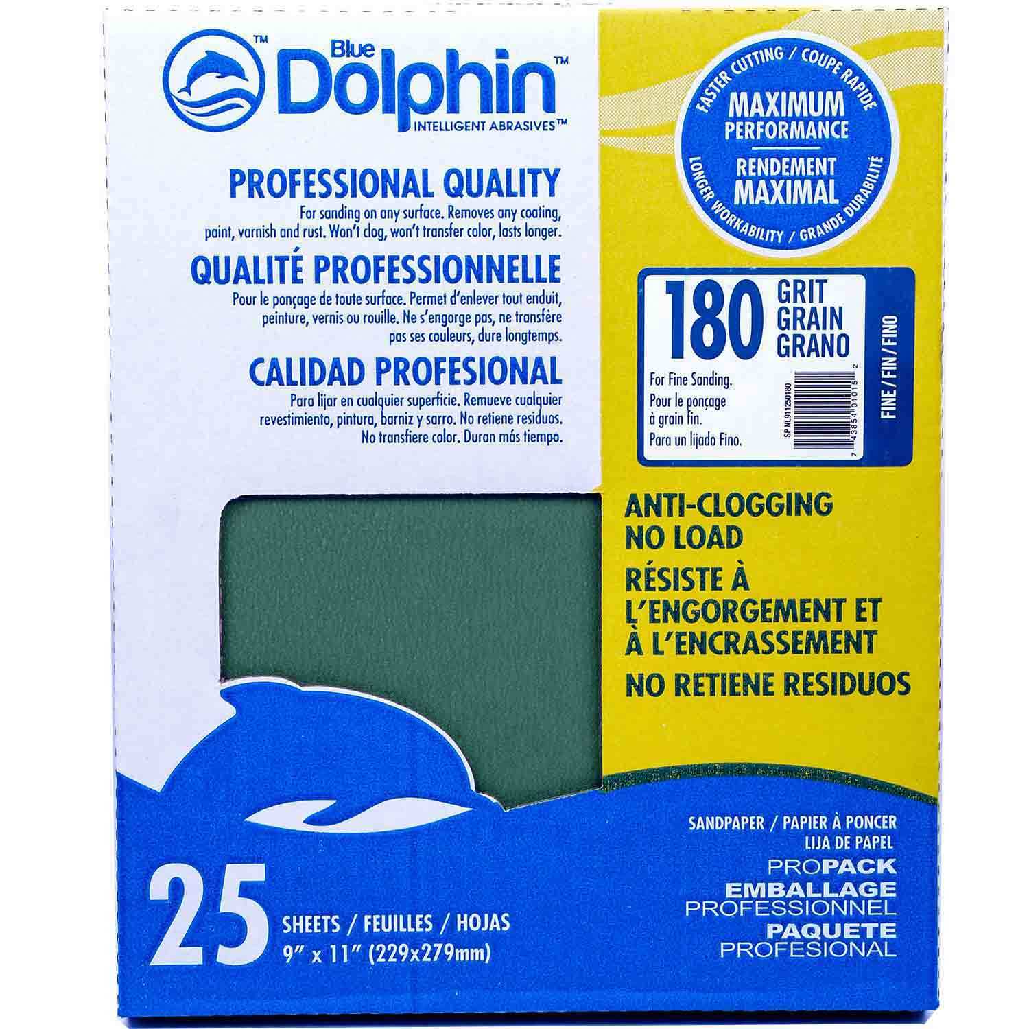 BLUE DOLPHIN Pro Grade Sandpaper Sheets, 180 Grit, 25-Pack