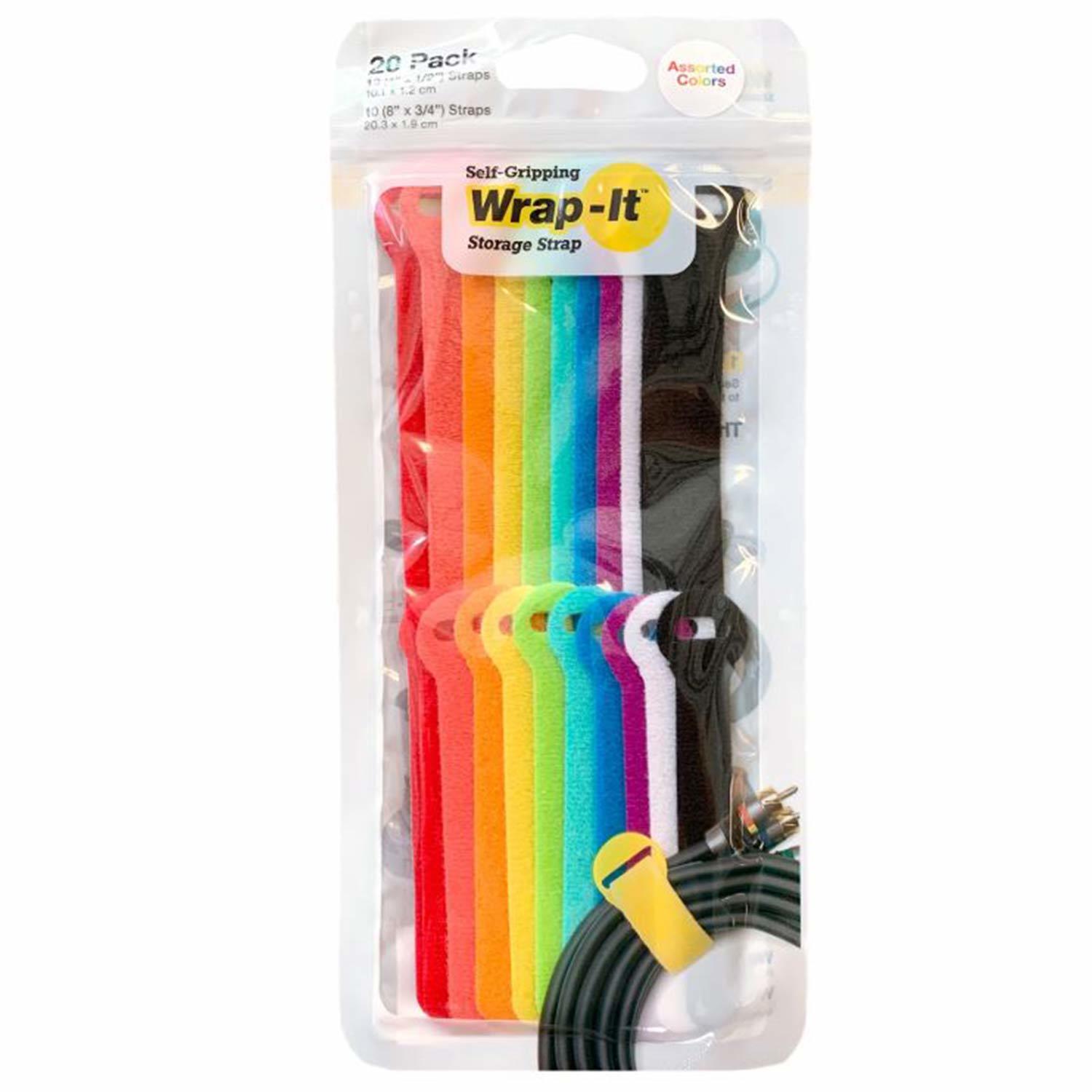 WRAP-IT STORAGE 4" & 8" Self-Gripping Cable Ties, Assorted Colors, 20-Pack
