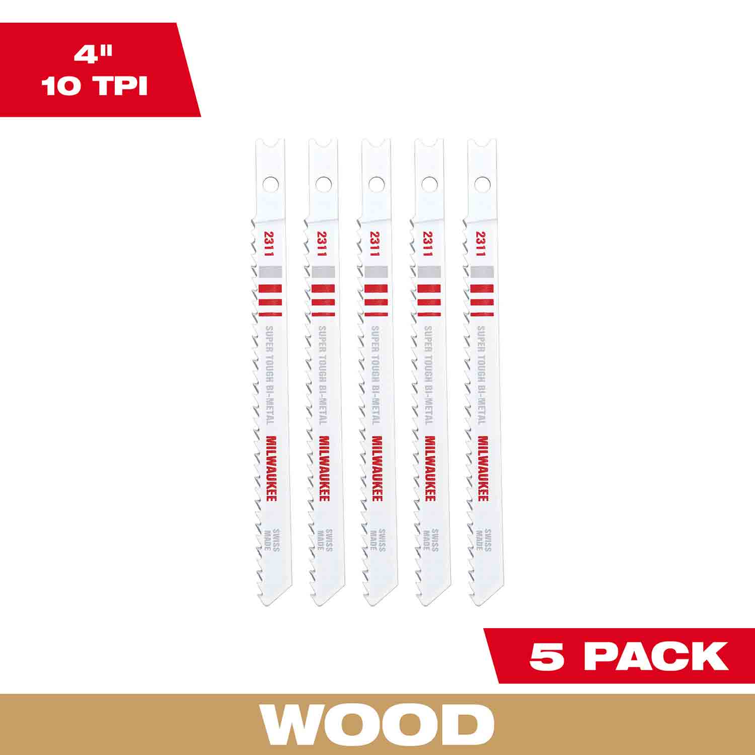 MILWAUKEE 4" 10TPI U-Shank Wood Bi-Metal Jig Saw Blades, 5 Pack