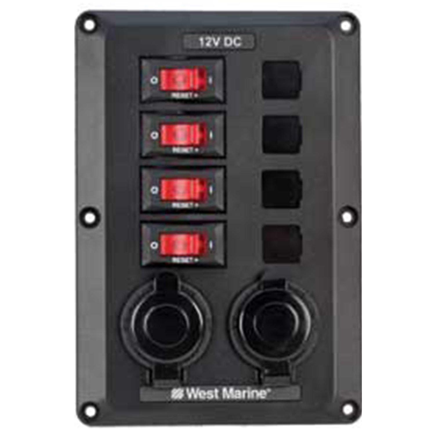 WEST MARINE 4-Circuit DC Electrical Panel + 2 12V Power Outlets