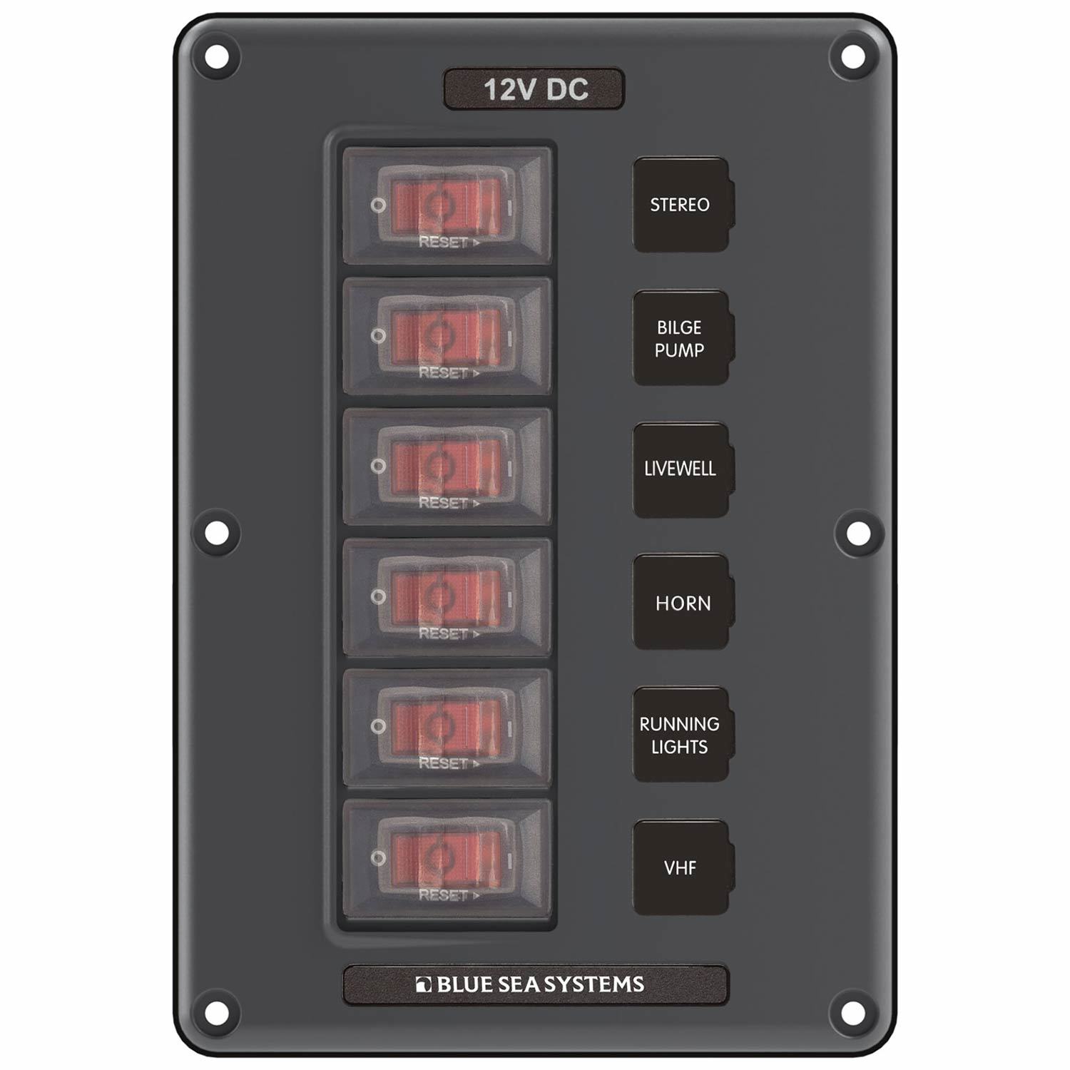 BLUE SEA SYSTEMS Water-Resistant Circuit Breaker Switch Panel, 6 Positions